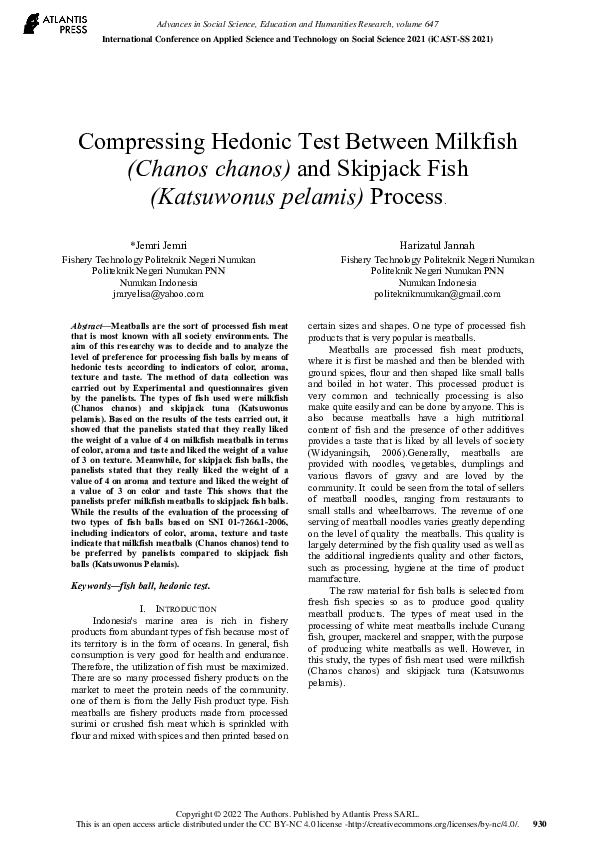 (PDF) Compressing Hedonic Test Between Milkfish (Chanos chanos) and ...