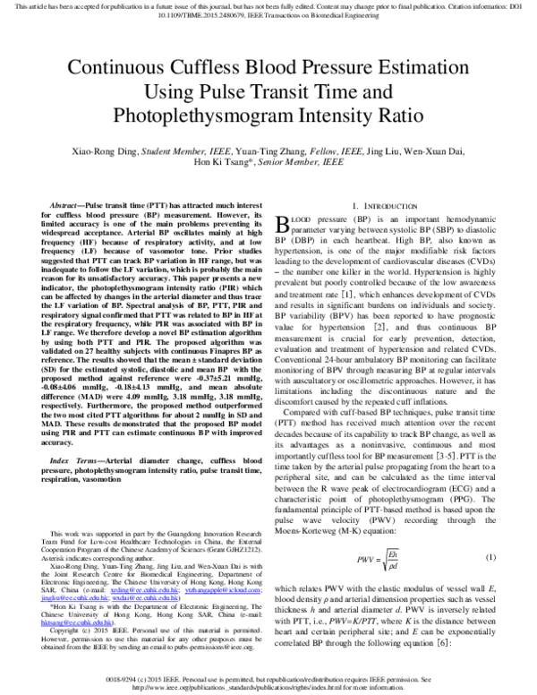 (PDF) Continuous Cuffless Blood Pressure Estimation Using Pulse Transit Time and ...