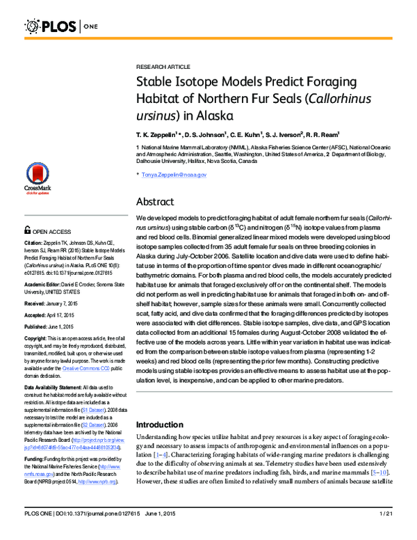 (PDF) Stable Isotope Models Predict Foraging Habitat of Northern Fur ...