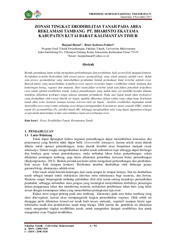 (PDF) Zonasi Tingkat Erodibilitas Tanah Pada Area Reklamasi Tambang Pt ...