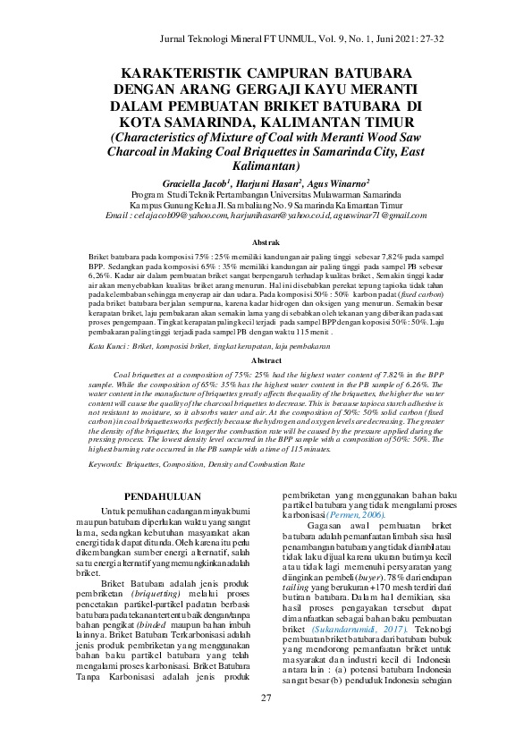 (PDF) Karakteristik Campuran Batubara Dengan Arang Gergaji Kayu Meranti Dalam Pembuatan Briket ...