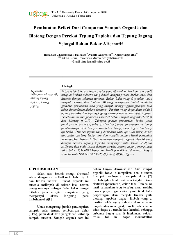 (PDF) Pembuatan Briket dari Campuran Sampah Organik dan Blotong Dengan Perekat Tepung Tapioka ...
