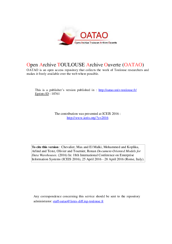 (PDF) Document-oriented Models for Data Warehouses - NoSQL Document ...