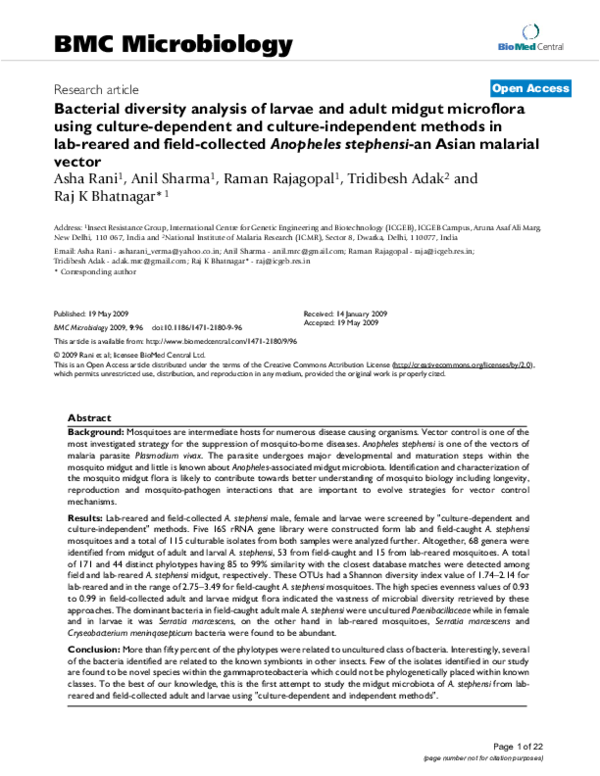 (PDF) Bacterial diversity analysis of larvae and adult midgut microflora using culture-dependent ...