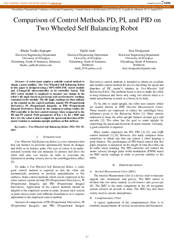 (PDF) Comparison of Control Methods PD, PI, and PID on Two Wheeled Self Balancing Robot