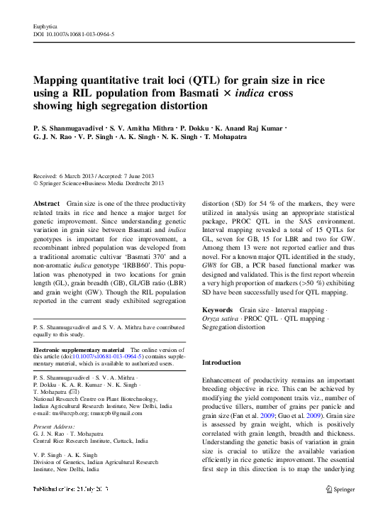 Pdf Mapping Quantitative Trait Loci Qtl For Grain Size In Rice