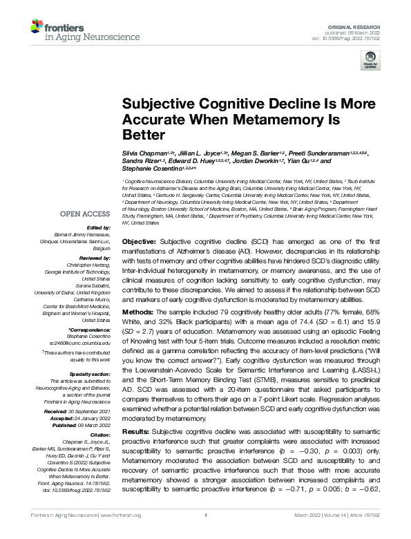(PDF) Subjective Cognitive Decline Is More Accurate When Metamemory Is Better