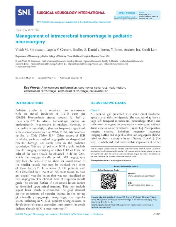 (PDF) Management of intracerebral hemorrhage in pediatric neurosurgery