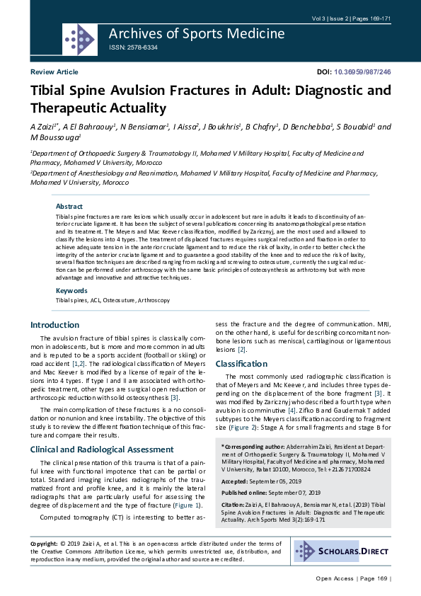 (PDF) Tibial Spine Avulsion Fractures in Adult: Diagnostic and ...