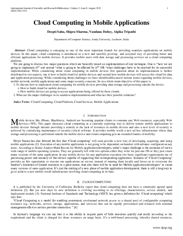 (PDF) Cloud computing in mobile applications