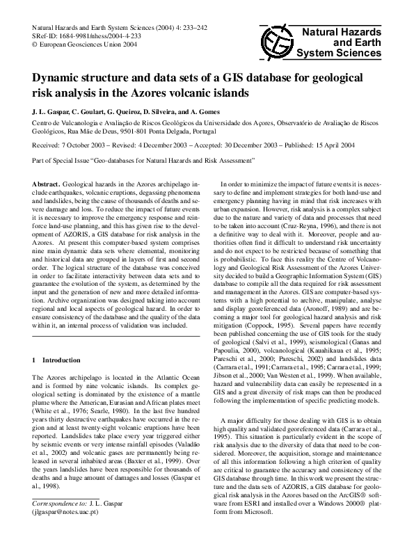 (PDF) Dynamic structure and data sets of a GIS database for geological riskanalysis in the ...