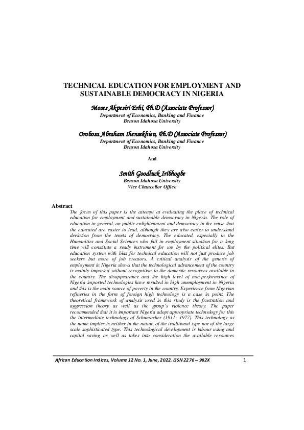 (PDF) TECHNICAL EDUCATION FOR EMPLOYMENT AND