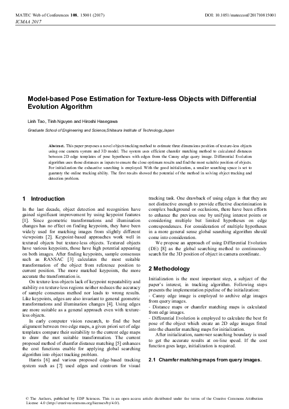Pdf Model Based Pose Estimation For Texture Less Objects With Differential Evolution Algorithm