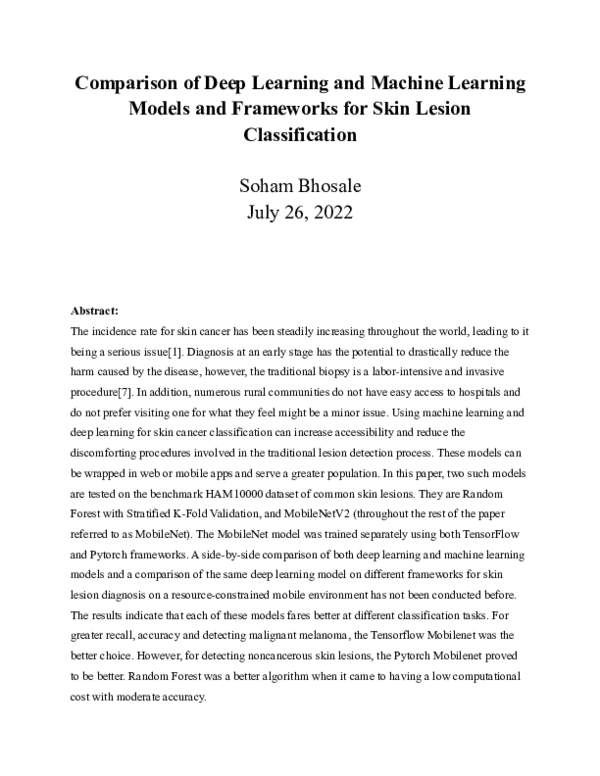 (PDF) Comparison of Deep Learning and Machine Learning Models and Frameworks for Skin Lesion ...