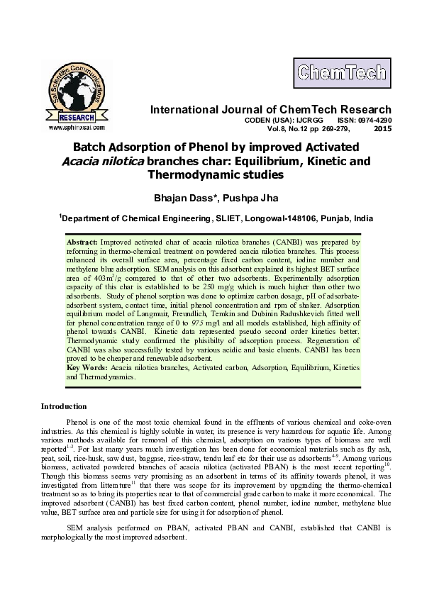 (PDF) Batch Adsorption of Phenol by improved Activated Acacia nilotica branches char ...
