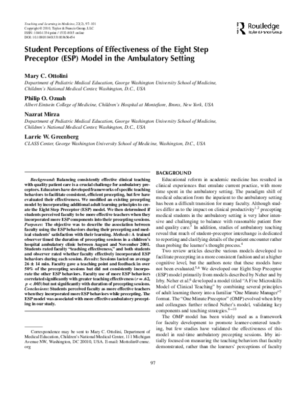 (PDF) Student Perceptions of Effectiveness of the Eight Step Preceptor (ESP) Model in the ...