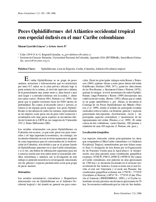 (PDF) Peces Ophidiiformes del Atlántico occidental tropical con ...