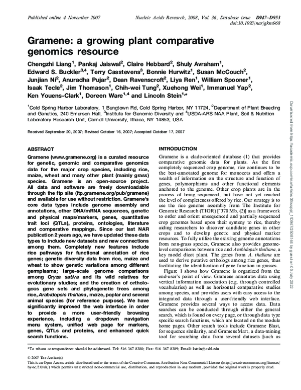 (PDF) Gramene: a growing plant comparative genomics resource