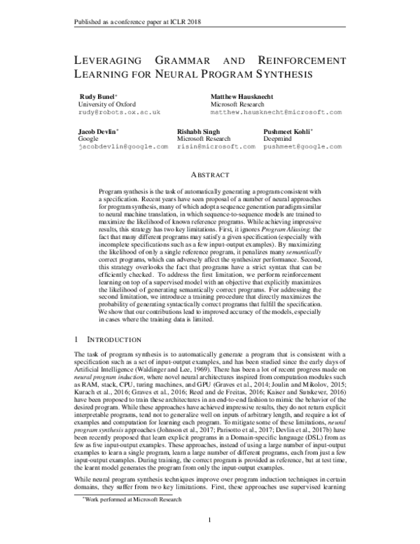 (PDF) Leveraging Grammar and Reinforcement Learning for Neural Program Synthesis
