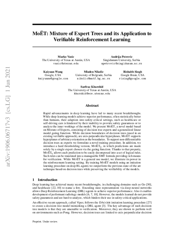 (PDF) MoËT: Interpretable and Verifiable Reinforcement Learning via Mixture of Expert Trees