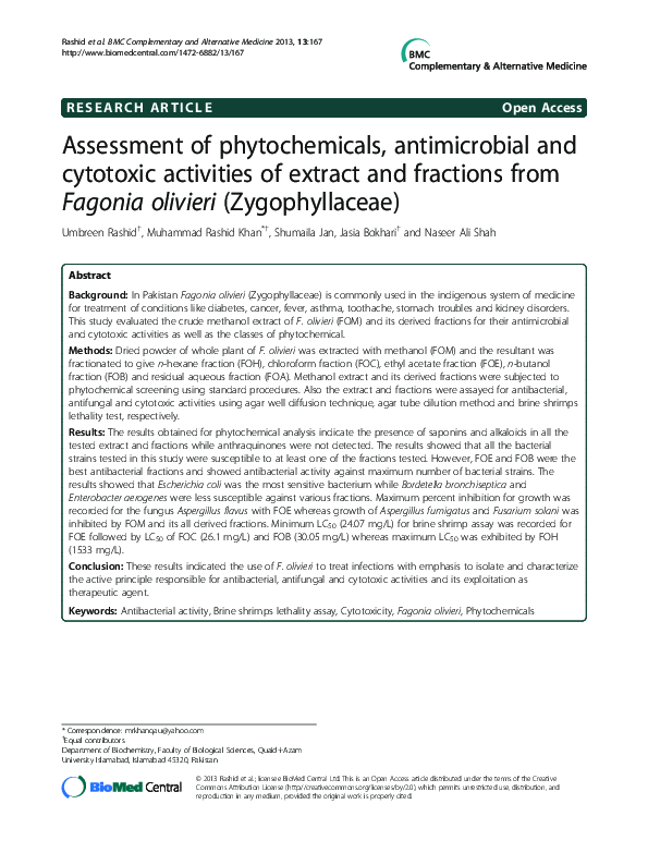 (PDF) Assessment of phytochemicals, antimicrobial and cytotoxic activities of extract and ...