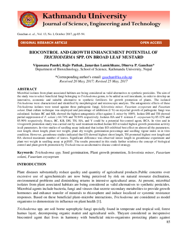 Pdf Biocontrol And Growth Enhancement Potential Of Two Endophytic Trichoderma Spp From