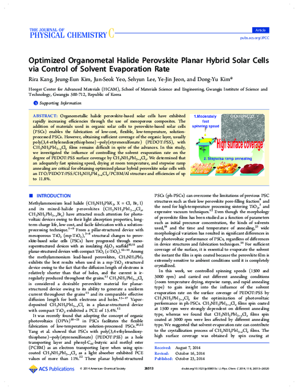 (PDF) Optimized Organometal Halide Perovskite Planar Hybrid Solar Cells via Control of Solvent ...