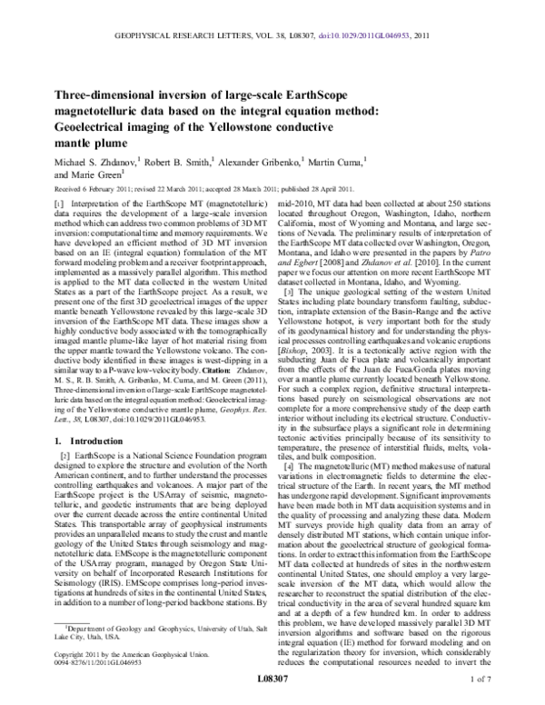 (PDF) Three-dimensional inversion of large-scale EarthScope magnetotelluric data based on the ...
