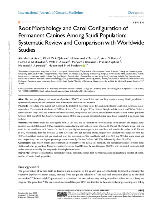 (PDF) Root Morphology and Canal Configuration of Permanent Canines Among Saudi Population ...
