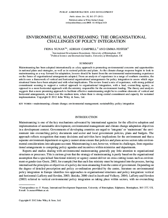 (PDF) Environmental Mainstreaming: The Organisational Challenges of ...