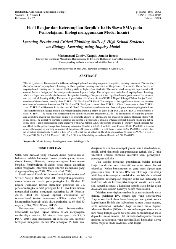 (PDF) Hubungan Keterampilan Metakognitif Dan Berpikir Kritis Terhadap Hasil Belajar Kognitif ...