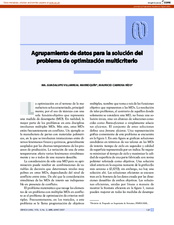 (PDF) Agrupamiento de datos para la solución del problema de optimización multicriterio