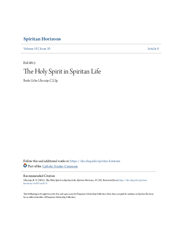 (PDF) The Holy Spirit in Spiritan Life
