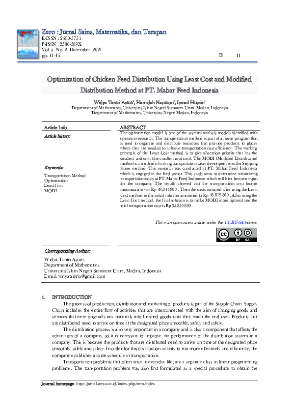 (PDF) Optimization of Chicken Feed Distribution Using Least Cost and Modified Distribution ...