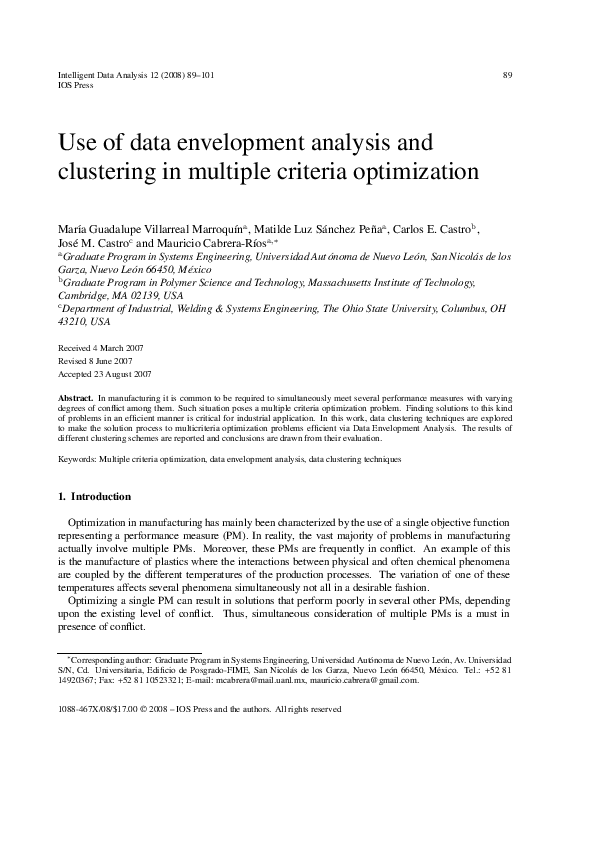 (PDF) Use of data envelopment analysis and clustering in multiple criteria optimization
