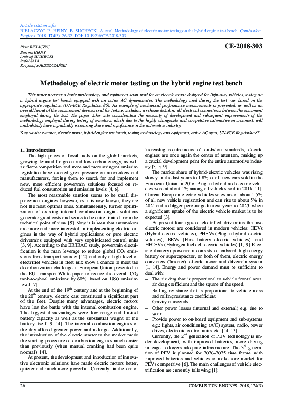(PDF) Methodology of electric motor testing on the hybrid engine test bench