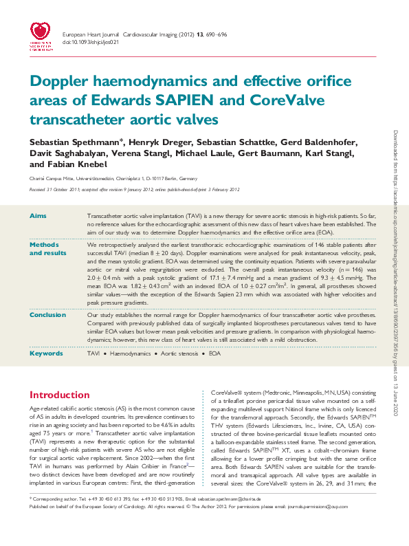 (PDF) Doppler haemodynamics and effective orifice areas of Edwards SAPIEN and CoreValve ...