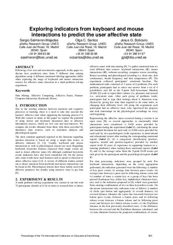 Pdf Exploring Indicators From Keyboard And Mouse Interactions To Predict The User Affective State
