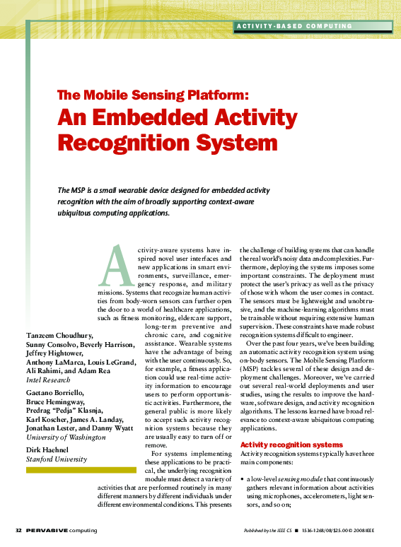 Pdf The Mobile Sensing Platform An Embedded Activity Recognition System 1076
