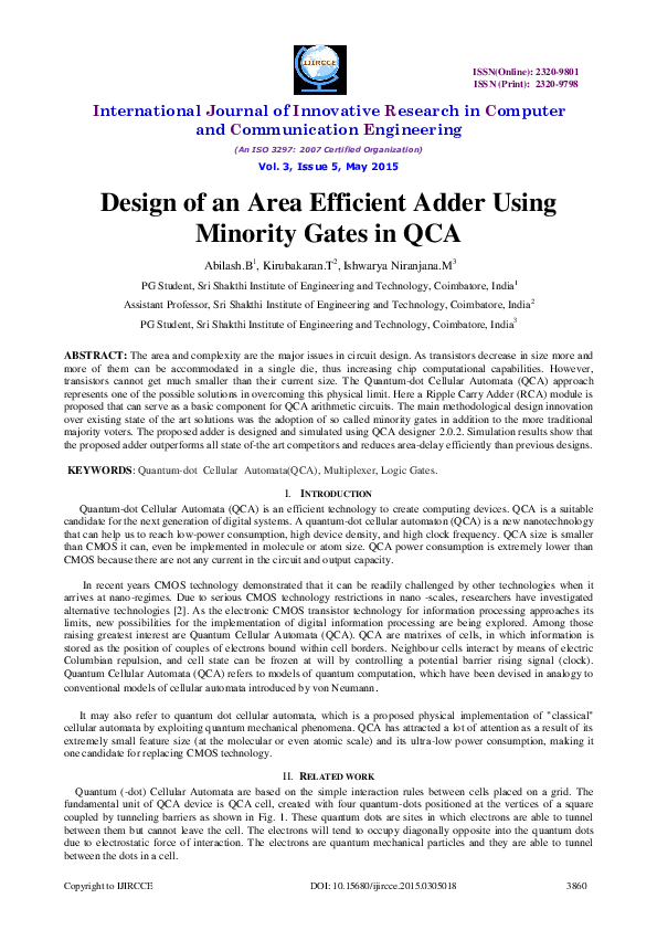 (PDF) Design of an Area Efficient Adder Using Minority Gates in QCA