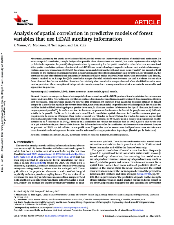 Pdf Analysis Of Spatial Correlation In Predictive Models Of Forest Variables That Use Lidar