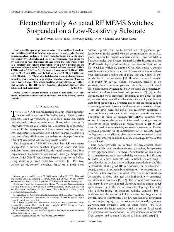 Pdf Electrothermally Actuated Rf Mems Switches Suspended On A Low Resistivity Substrate