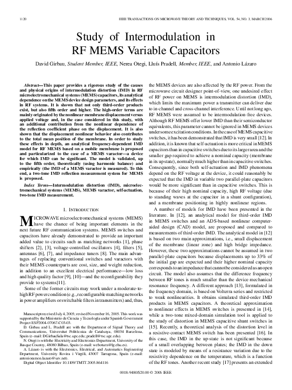 (PDF) Study of intermodulation in RF MEMS variable capacitors