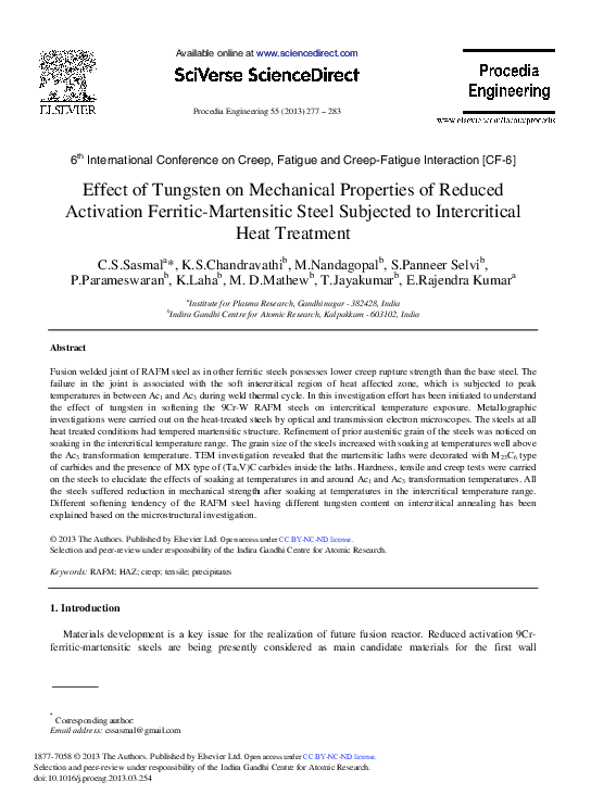 (PDF) Effect of Tungsten on Mechanical Properties of Reduced Activation Ferritic-Martensitic ...