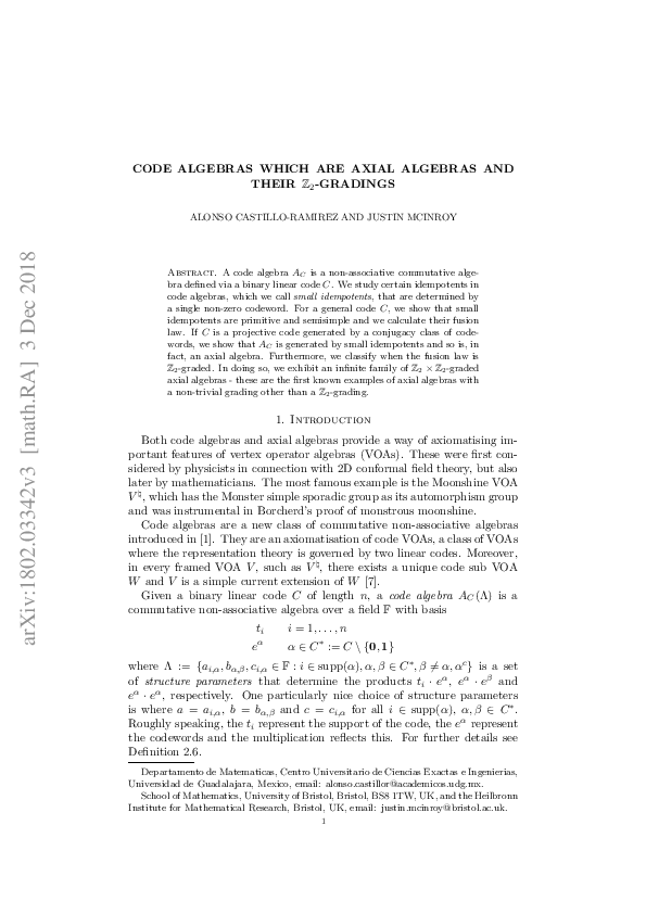 (PDF) Code algebras which are axial algebras and their ℤ2-gradings