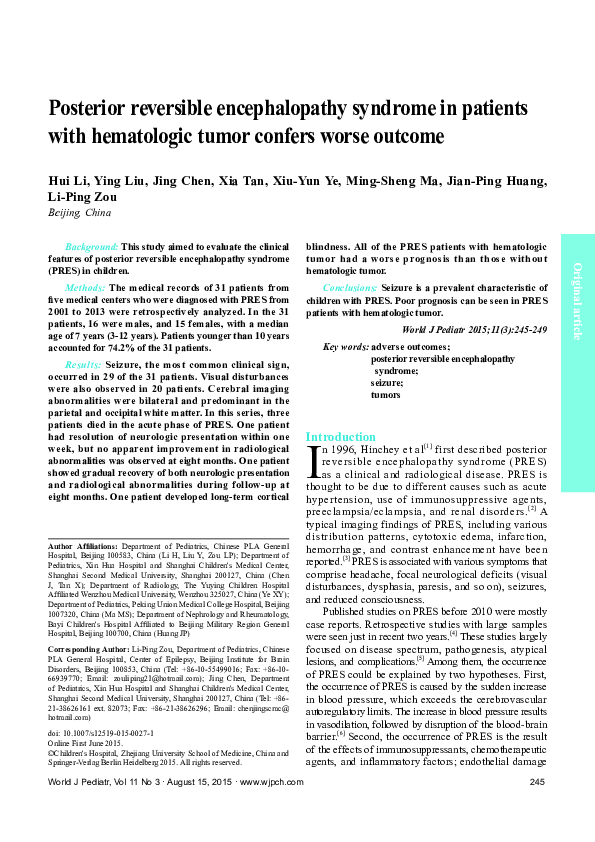 (PDF) Posterior reversible encephalopathy syndrome in a child with ...