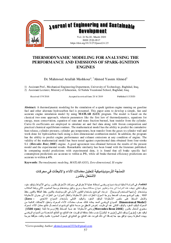 (PDF) Thermodynamic Modeling for Analysing the Performance and Emissions of Spark-Ignition Engines