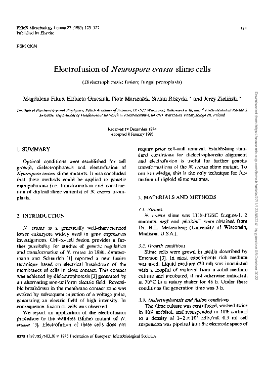 (PDF) Electrofusion ofNeurospora crassaslime cells