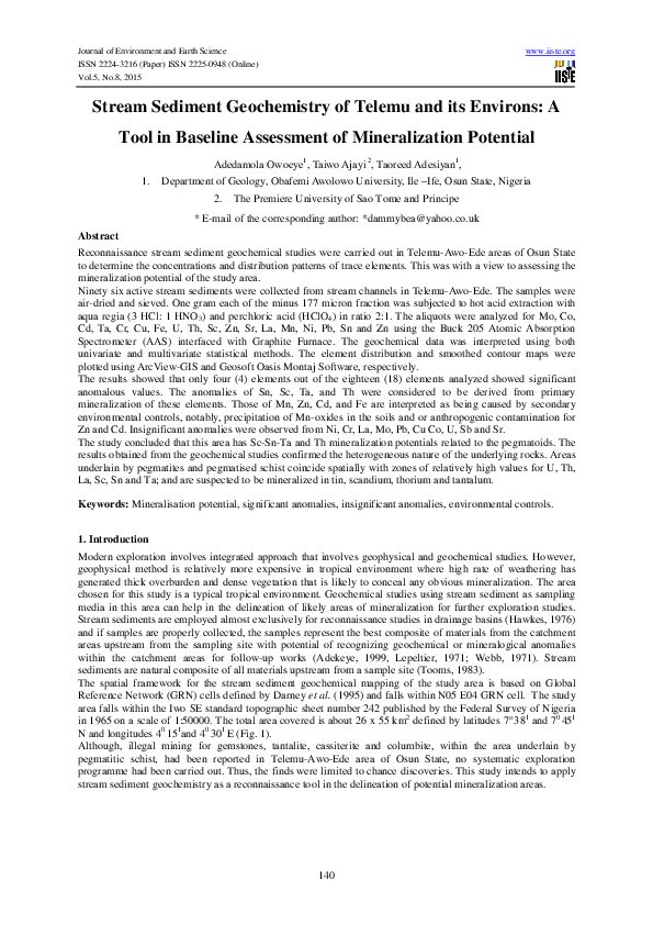 (PDF) Stream Sediment Geochemistry of Telemu and its Environs: A Tool in Baseline Assessment of ...