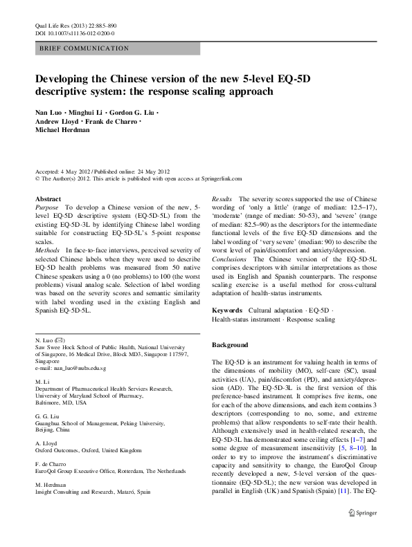 (PDF) Developing the Chinese version of the new 5-level EQ-5D ...